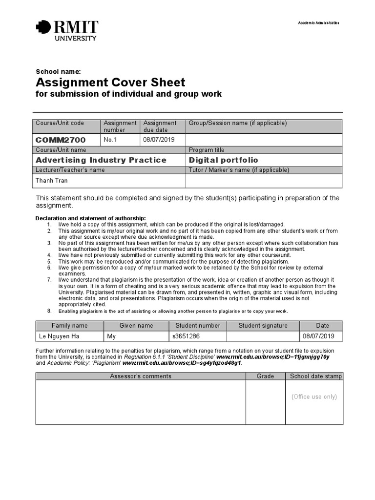 Assignment Cover Sheet: For Submission of Individual and Group Work ...