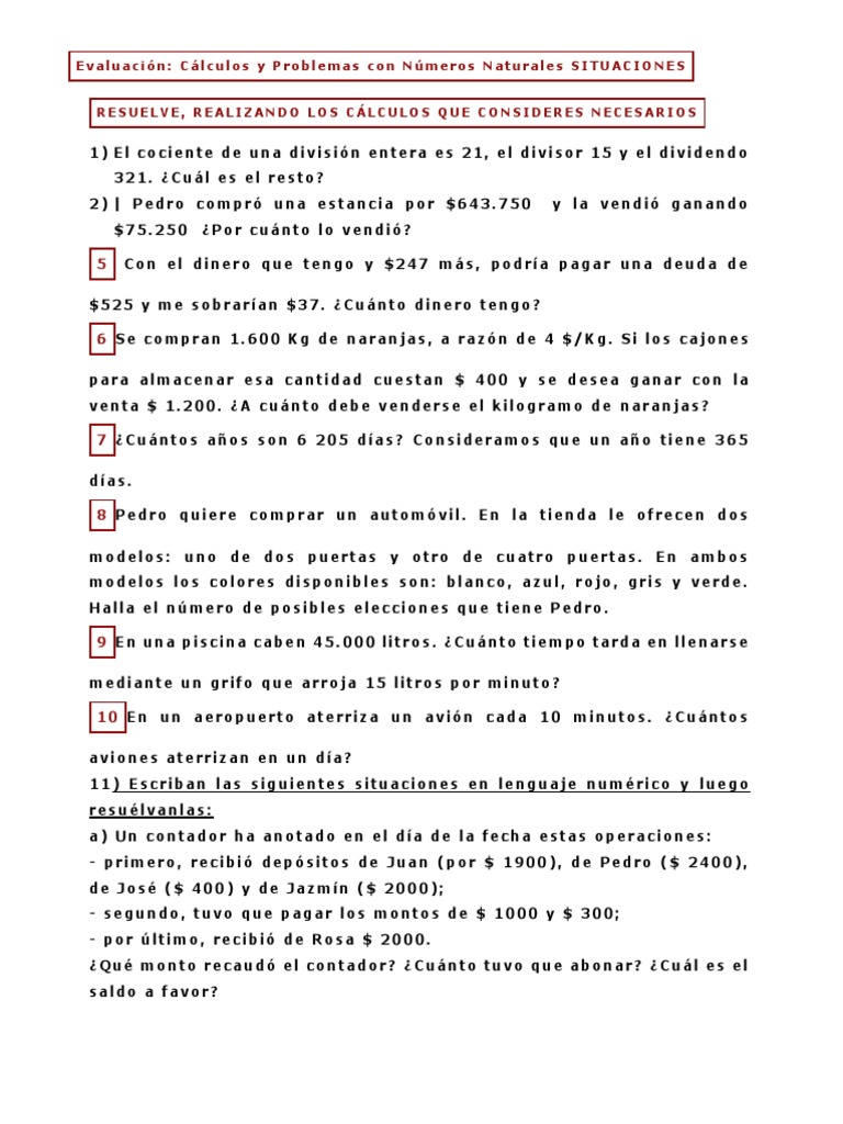 Problemas Matemáticos con Números Naturales | PDF | División ...