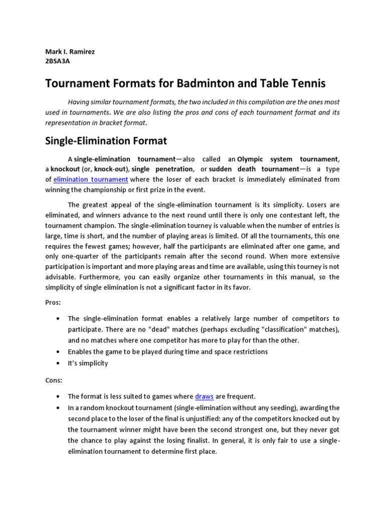 Tournament Formats For Badminton and Table Tennis: Single-Elimination ...