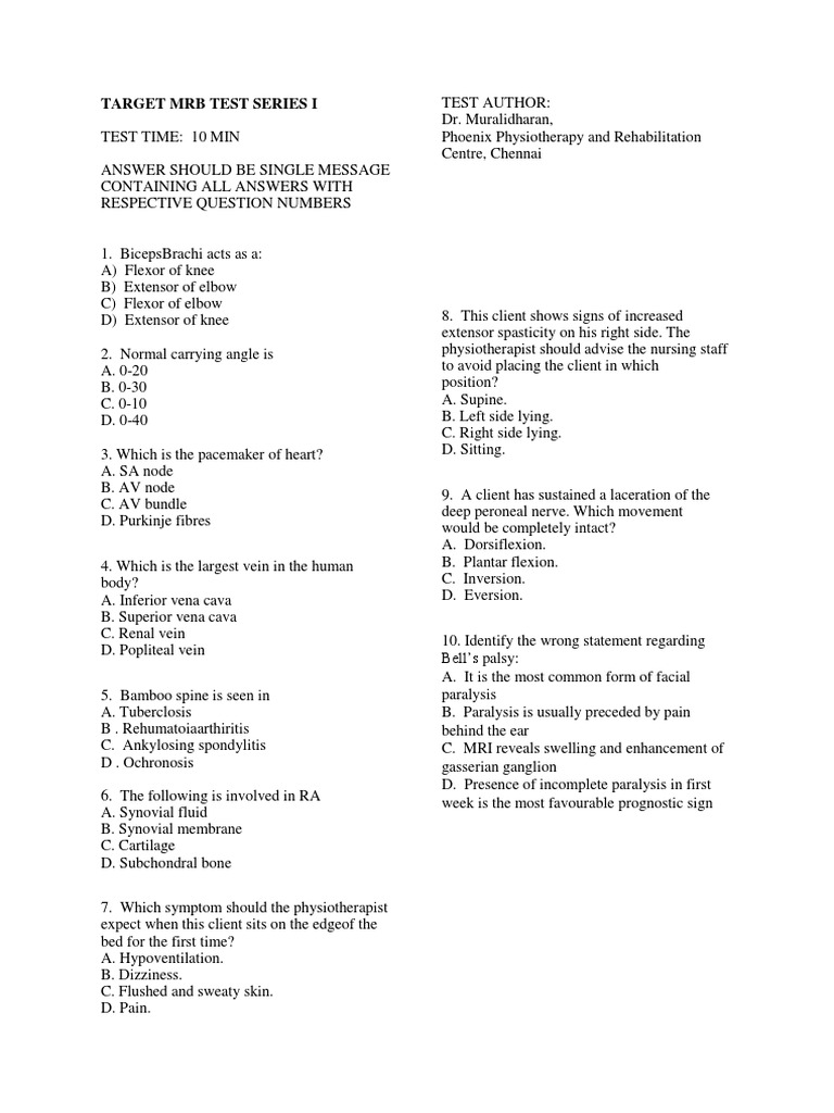 MRB Physiotherapy Exam Question Paper | PDF | Anatomical Terms Of ...