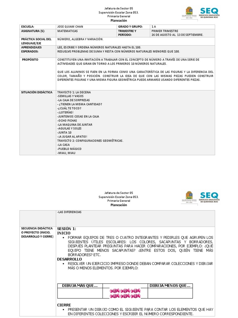 Planeación Matemáticas Primer Grado | PDF