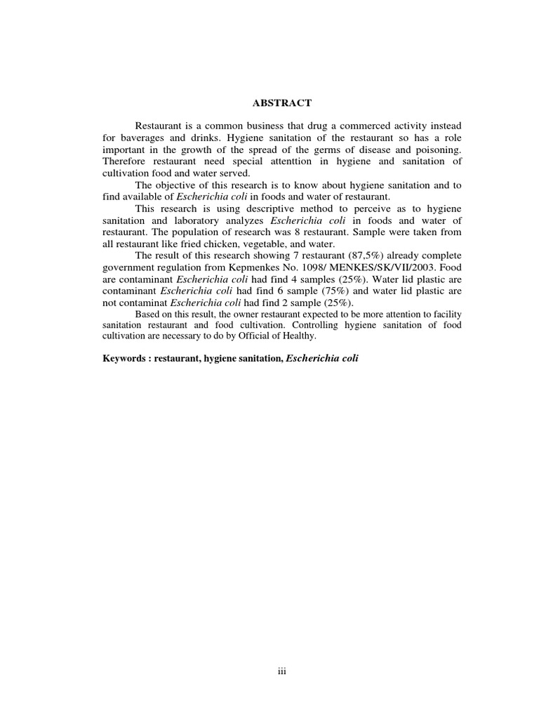 Keywords: Restaurant, Hygiene Sanitation,: Escherichia Coli | PDF ...