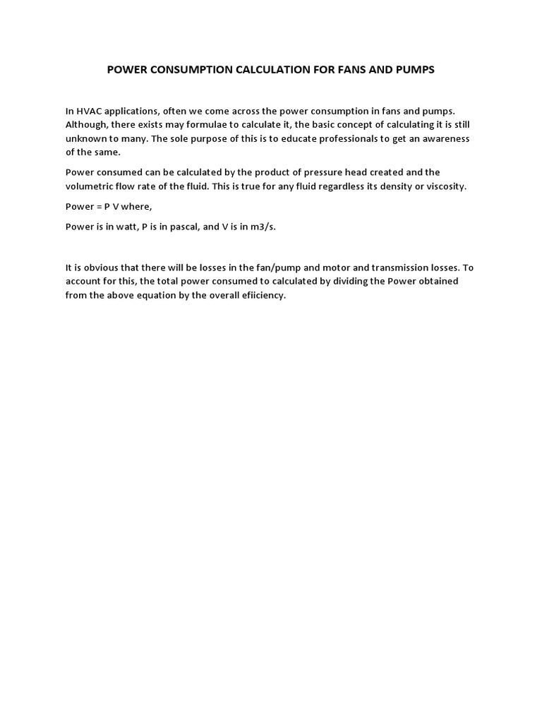 Power Consumption Calculation For Fans and Pumps | PDF