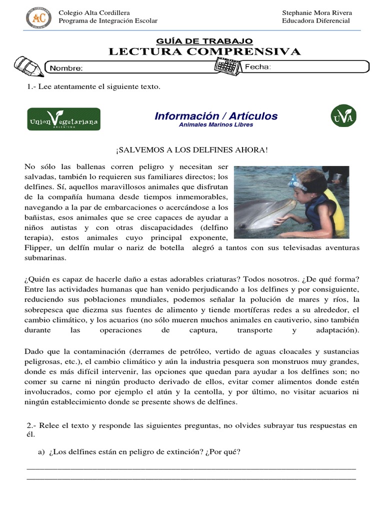 Guia de Trabajo - Lectura Comprensiva - Los Delfines | PDF | Acuario ...