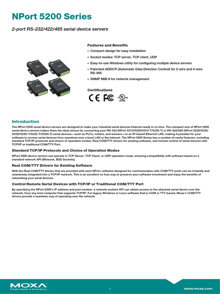 Moxa Nport 5200 Series Datasheet v1.2 | PDF | Internet Protocol Suite | Port (Computer Networking)