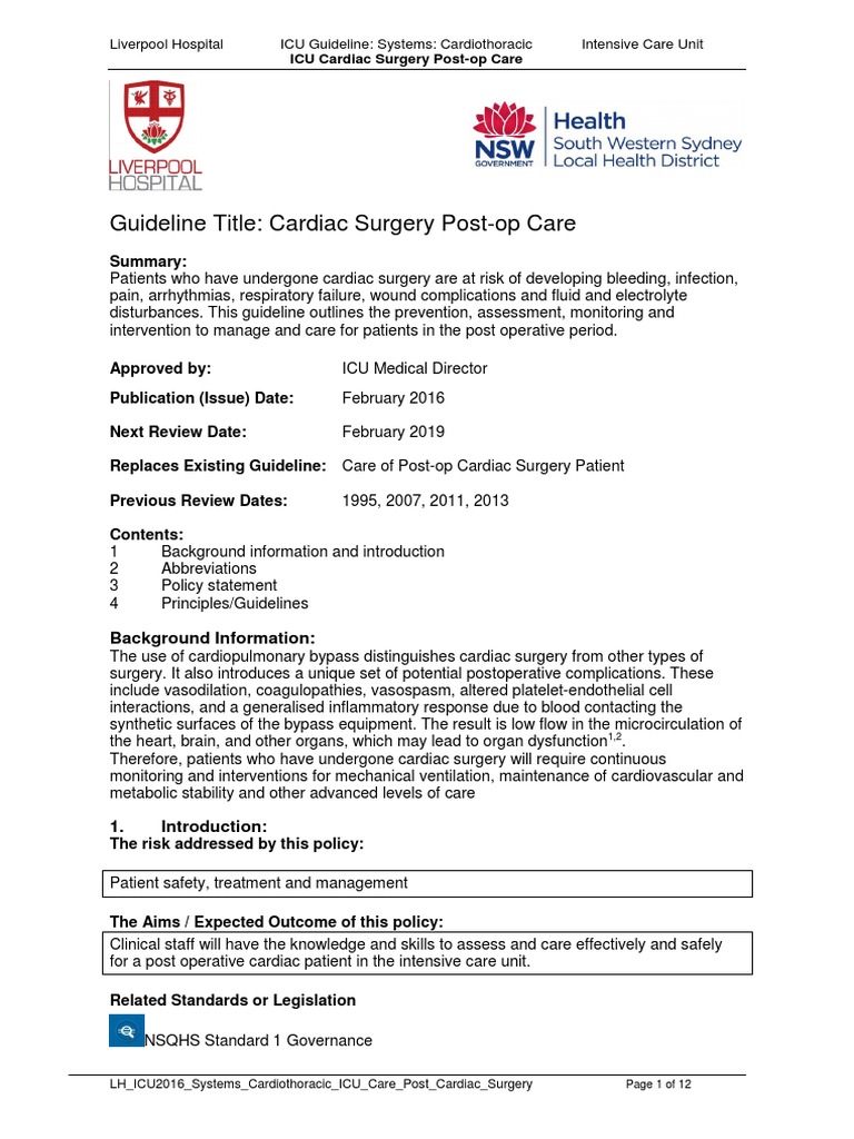 Cardiac Surgery Post-Op Care PDF | PDF | Intensive Care Unit ...