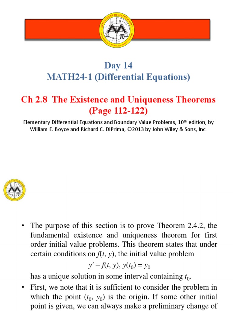 Day 14 Math24 1 Differential Equations Ch 2 8 The Existence And