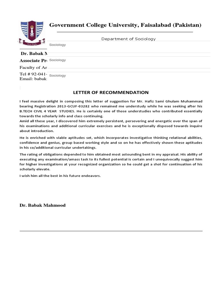 Government College University, Faisalabad (Pakistan) : Letter of ...