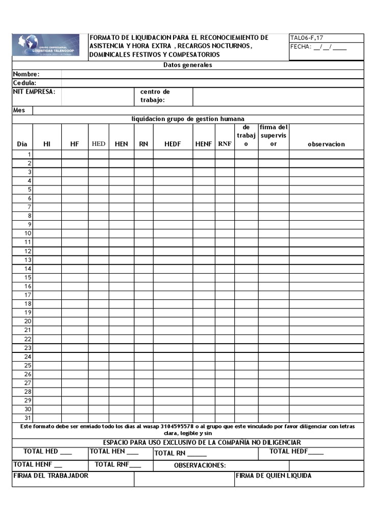 Formato Horas Extras | PDF