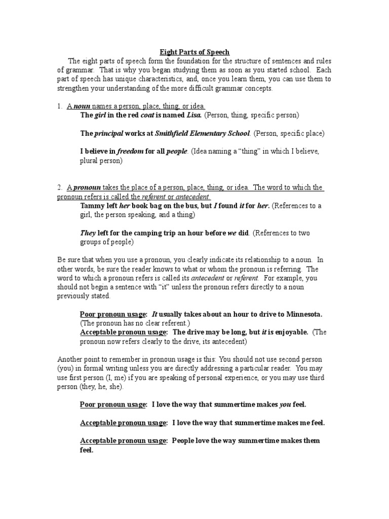 Eight Parts of Speech | PDF | Verb | Pronoun