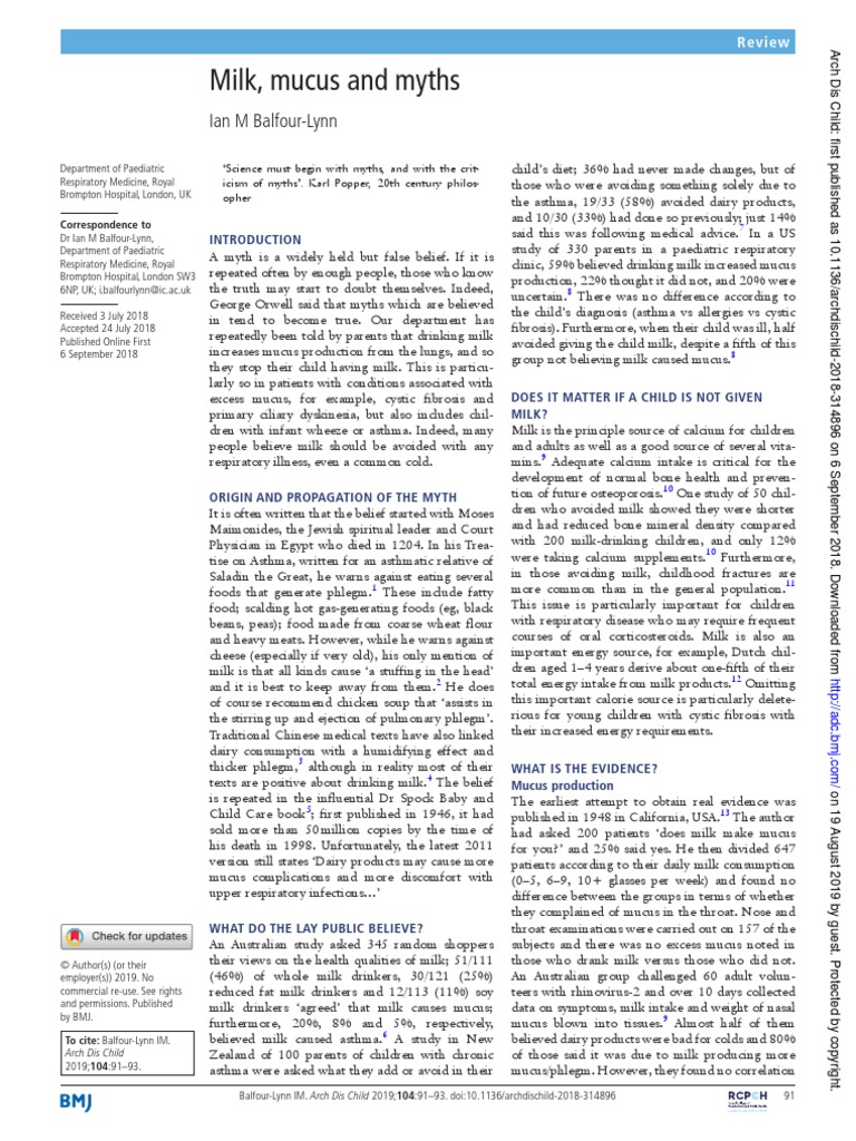 Milk, Mucus and Myths: Ian M Balfour-Lynn | PDF | Mucus | Milk