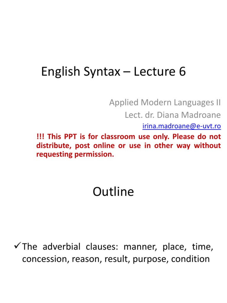 English Syntax - Lecture 6: Applied Modern Languages II Lect. Dr. Diana ...