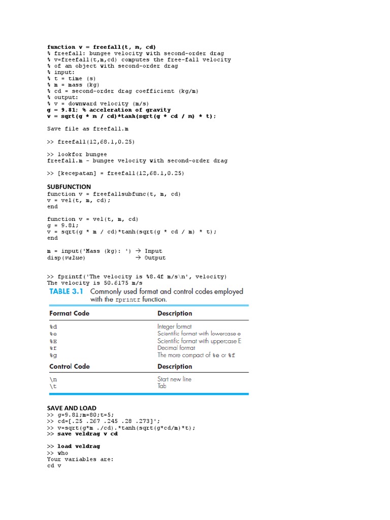Subfunction: Function V Freefall (T, M, CD) | PDF | Teaching Methods ...