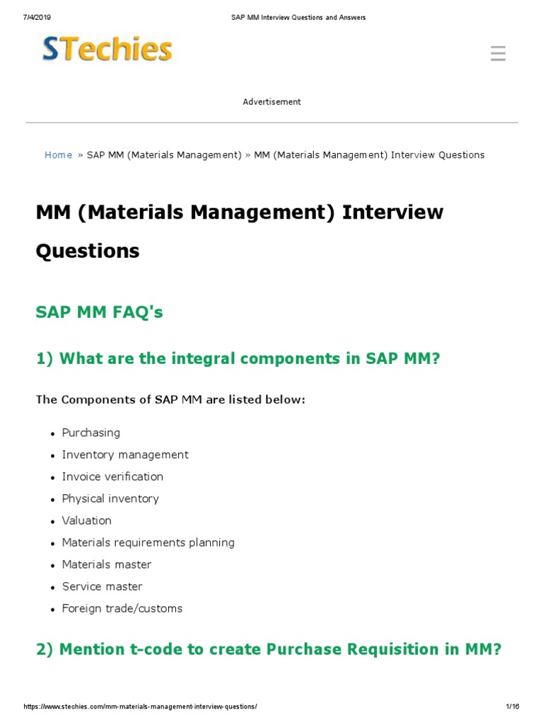 SAP MM Interview Questions and Answers | PDF | Supply Chain Management ...