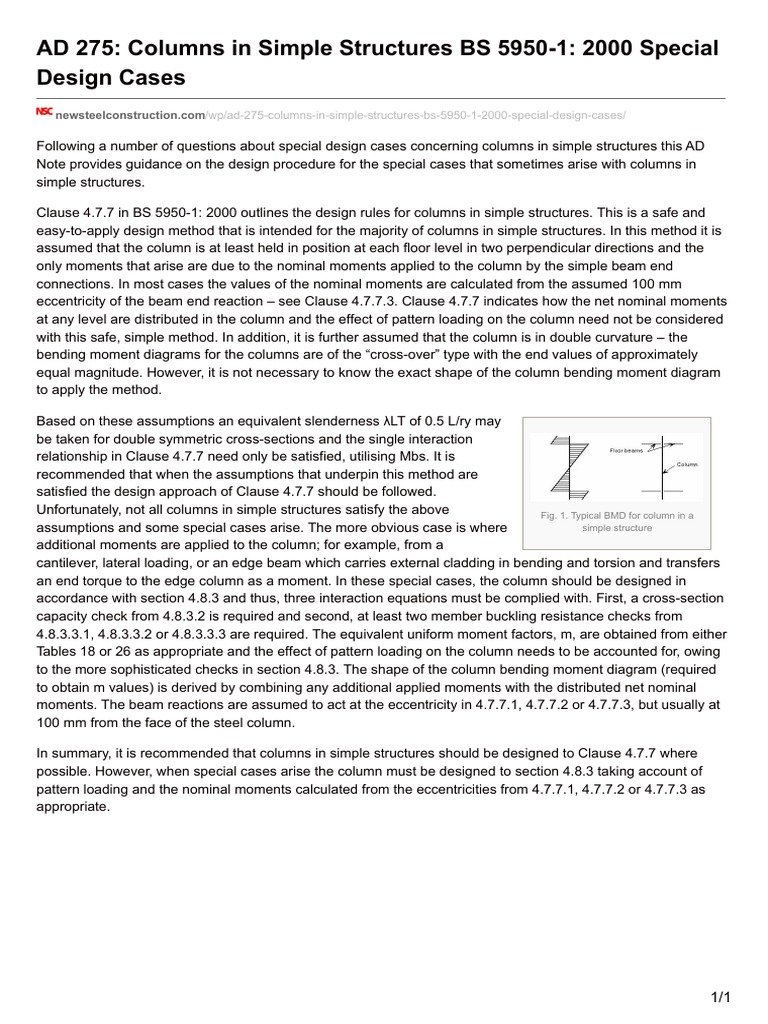AD 275 - Columns in Simple Structures BS 5950-1: 2000 Special Design Cases | PDF | Bending | Column