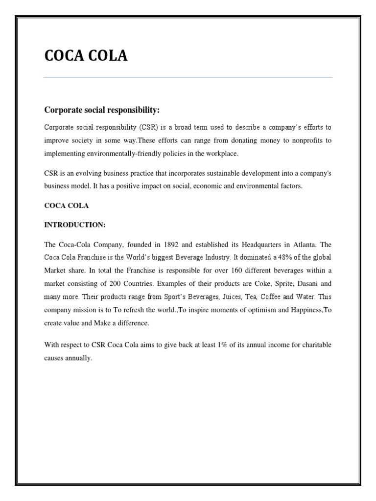 Coca Cola: Corporate Social Responsibility | PDF | Coca Cola ...