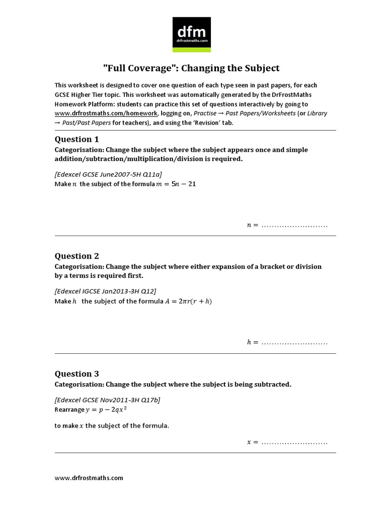 Changing Subjects GCSE Maths | PDF | Worksheet | Mathematical Objects