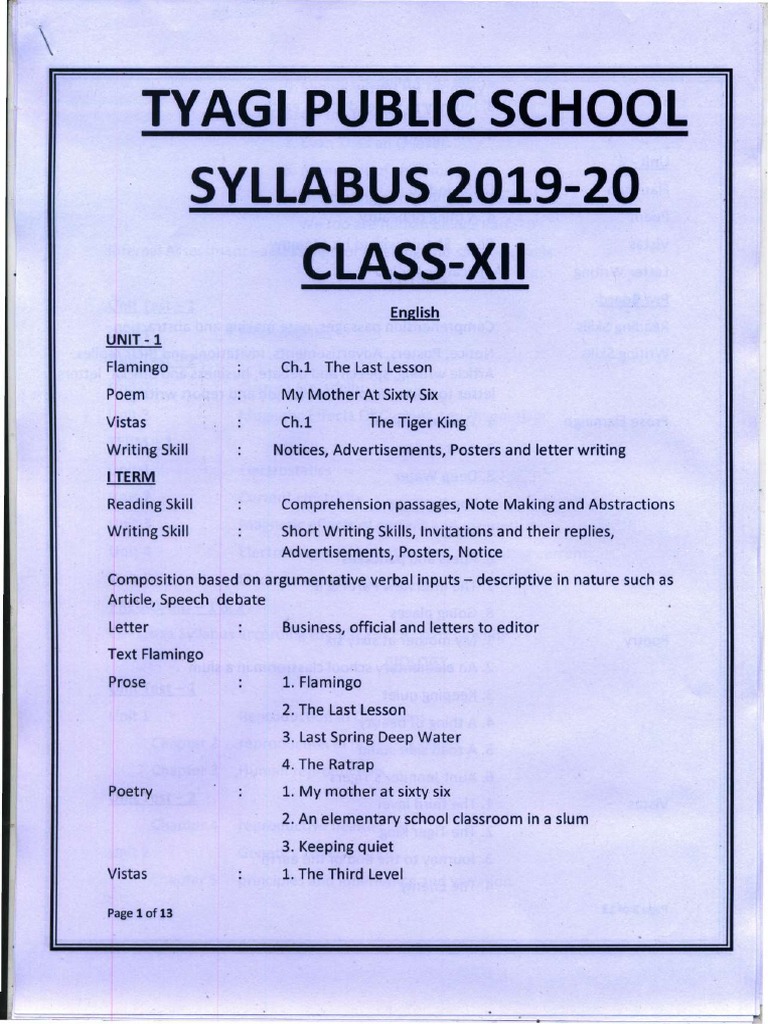 Tyagi Public School ABUS 2019-20 Class-Xii: English UNIT-1 | PDF ...