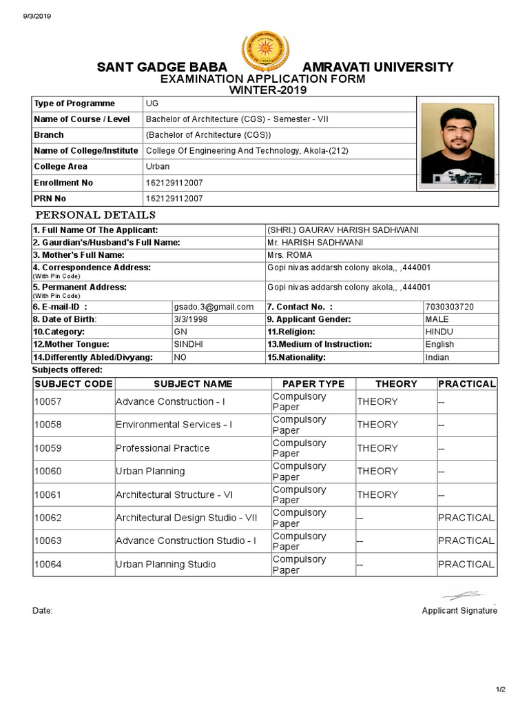 Sant Gadge Baba Amravati University: Examination Application Form ...