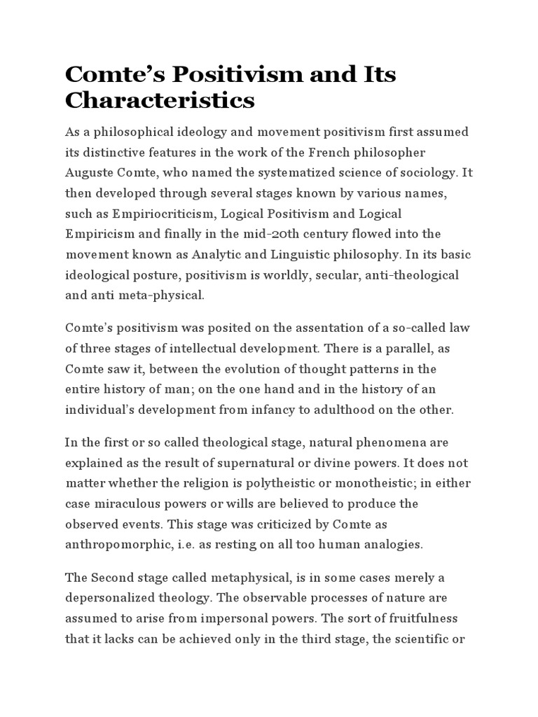 Comte's Positivism: Characteristics and Critique | PDF | Positivism ...
