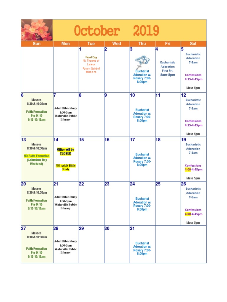 October 2019 Calendar | PDF | Eucharist | Christian Belief And Doctrine