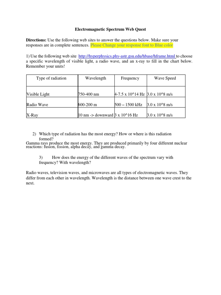 Electromagnetic Spectrum Web Quest (2) Completed | PDF ...
