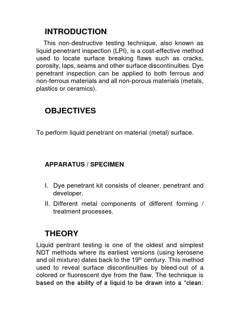 Dye Penetrant Lab Report | Materials | Chemistry