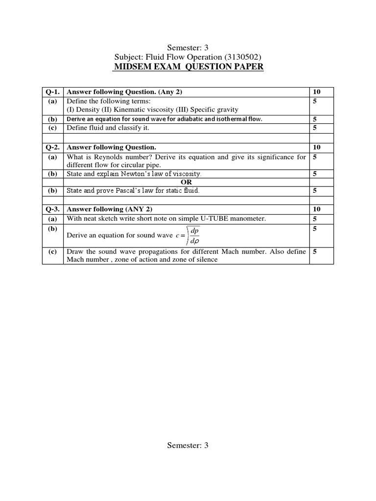 Midsem Exam Question Paper: Semester: 3 Subject: Fluid Flow Operation (3130502) | PDF | Mach ...