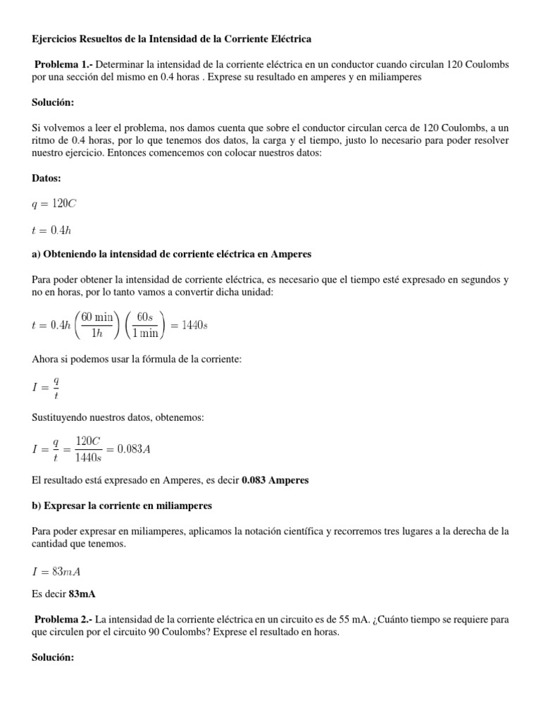 Ejercicios Resueltos de La Intensidad de La Corriente Eléctrica | Corriente eléctrica ...