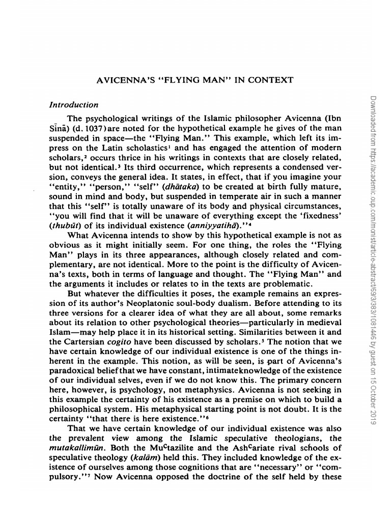 Avicenna's Flying Man Explained | PDF | Philosophy Of Self | Soul