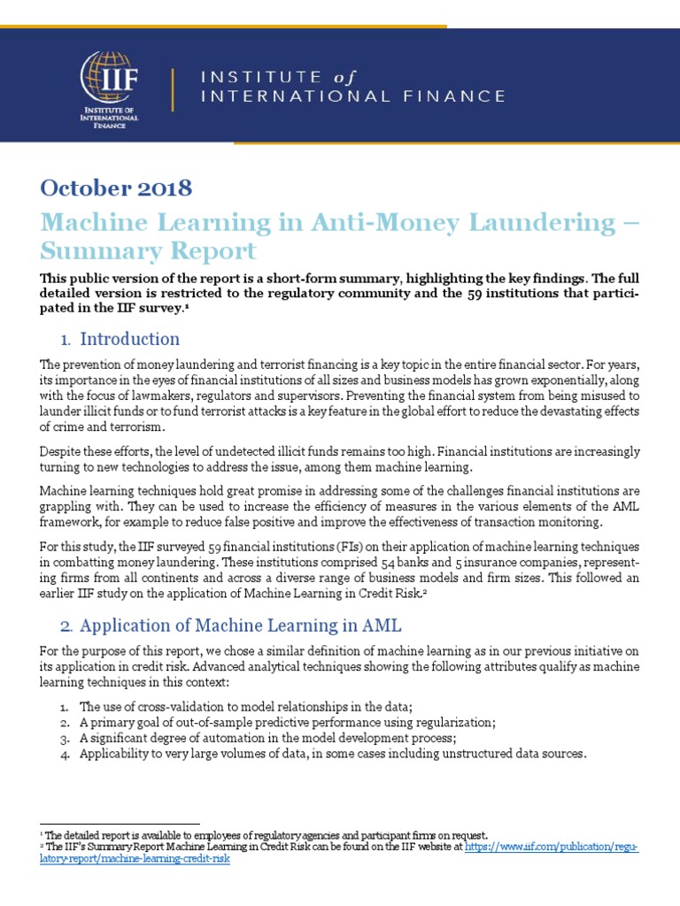 Machine Learning in Anti-Money Laundering - Summary Report: October ...