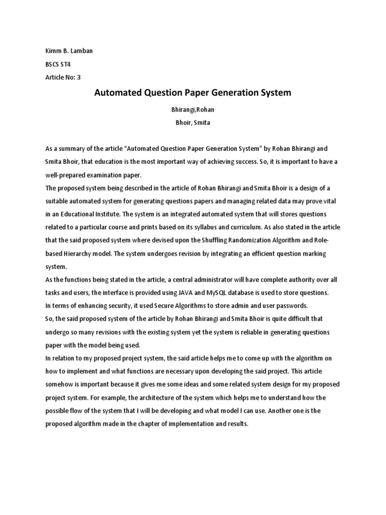 Automated Question Paper Generation System | PDF