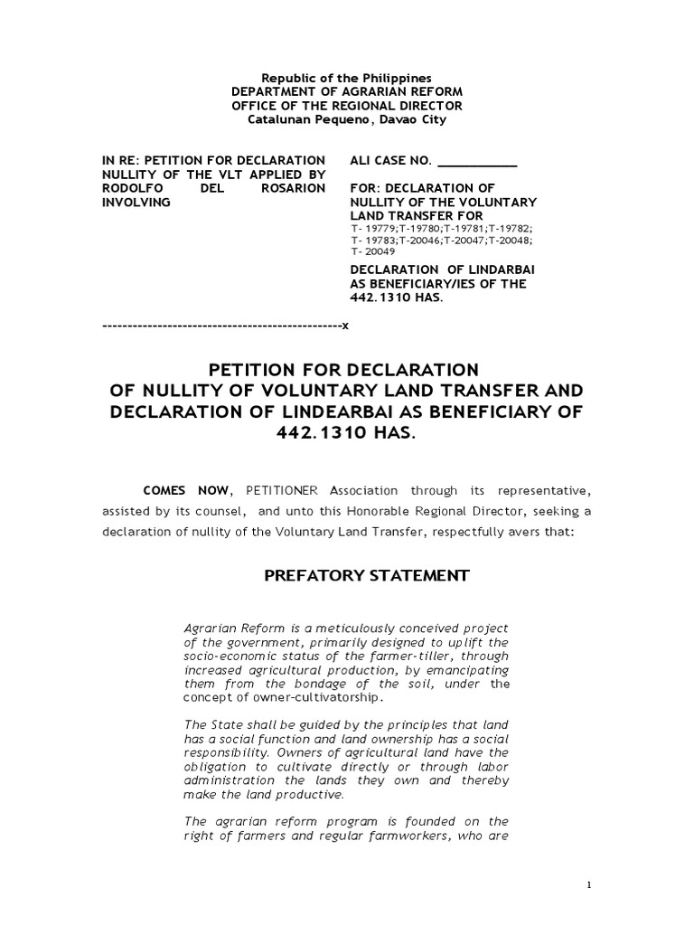 Nullity Petition for Voluntary Land Transfer | PDF | Due Process ...