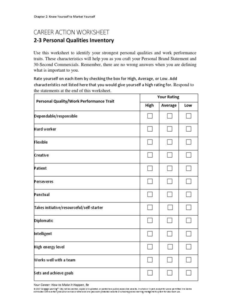 Career Action Worksheet: 2-3 Personal Qualities Inventory | PDF ...