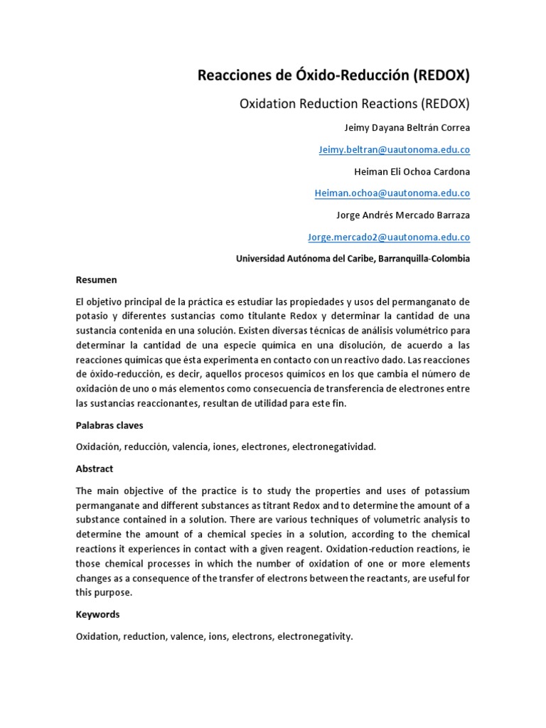 Informe Reacciones de Oxido Reduccion Redox | PDF | Redox | Corrosión