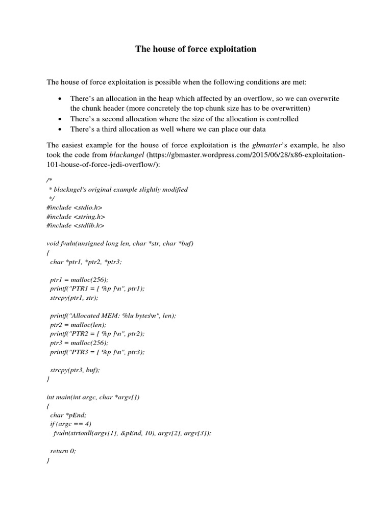 The House of Force Exploitation | PDF | Software Engineering | Computer Programming