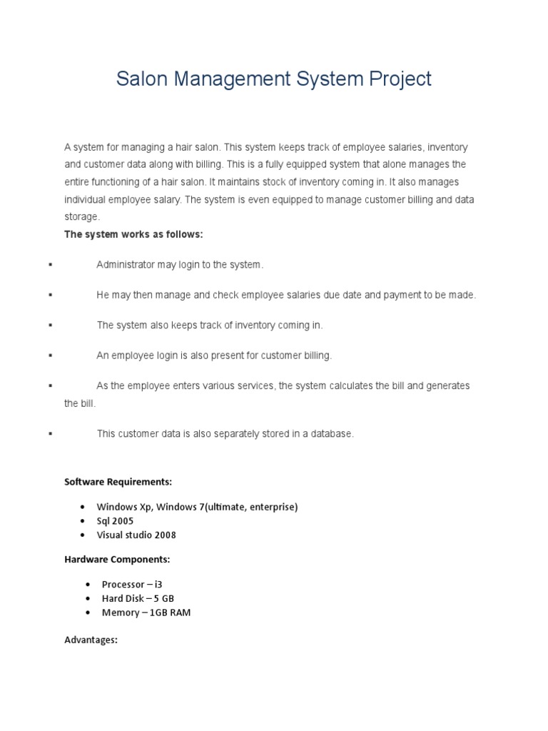 Salon Management System Project: The System Works As Follows | PDF