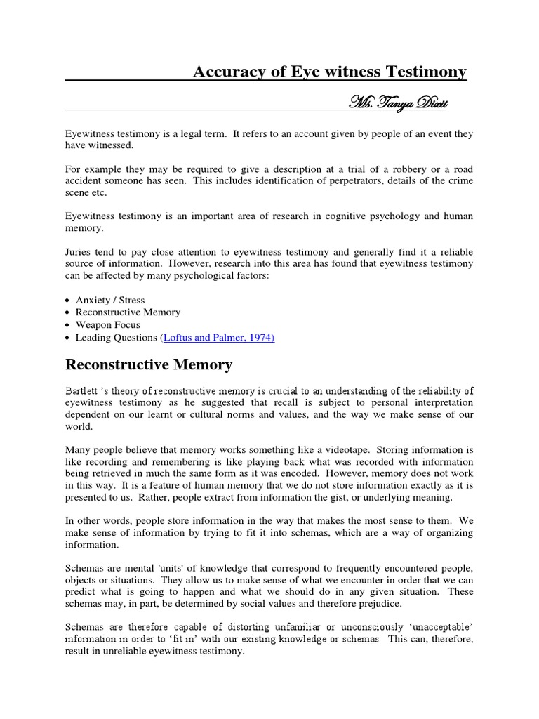 Accuracy of Eye Witness Testimony | PDF | Schema (Psychology ...