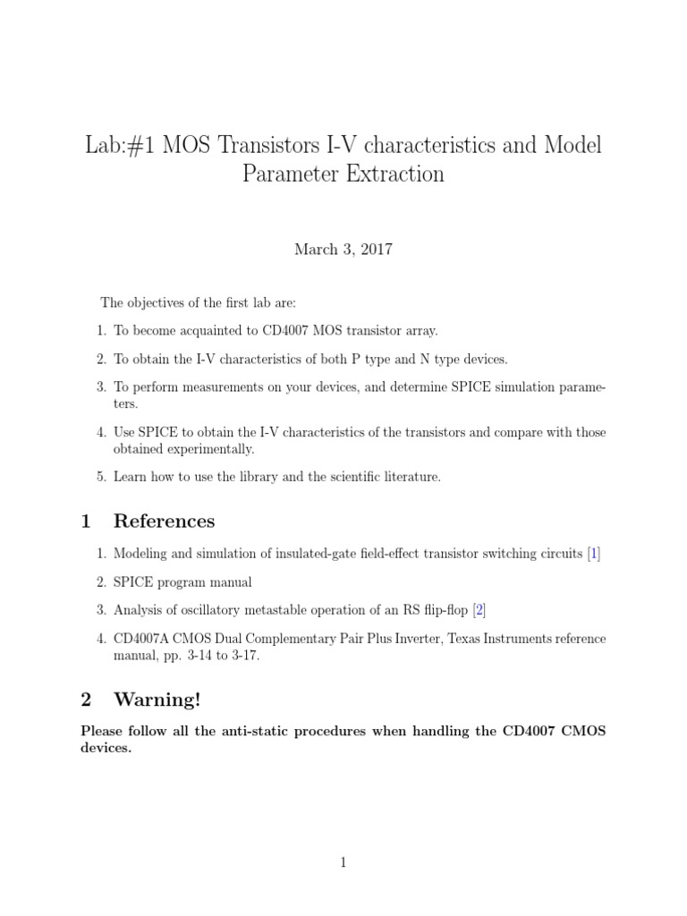 Lab 1 Mos Transistors I V Characteristics And Model Parameter