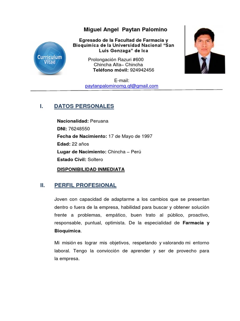 Curriculum Vitae Miguel | Descargar gratis PDF | Farmacia | Farmacéutico