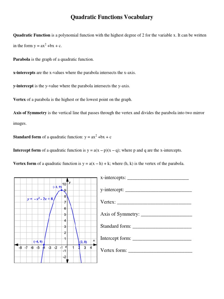 Quadratic Functions Vocabulary PDF | PDF