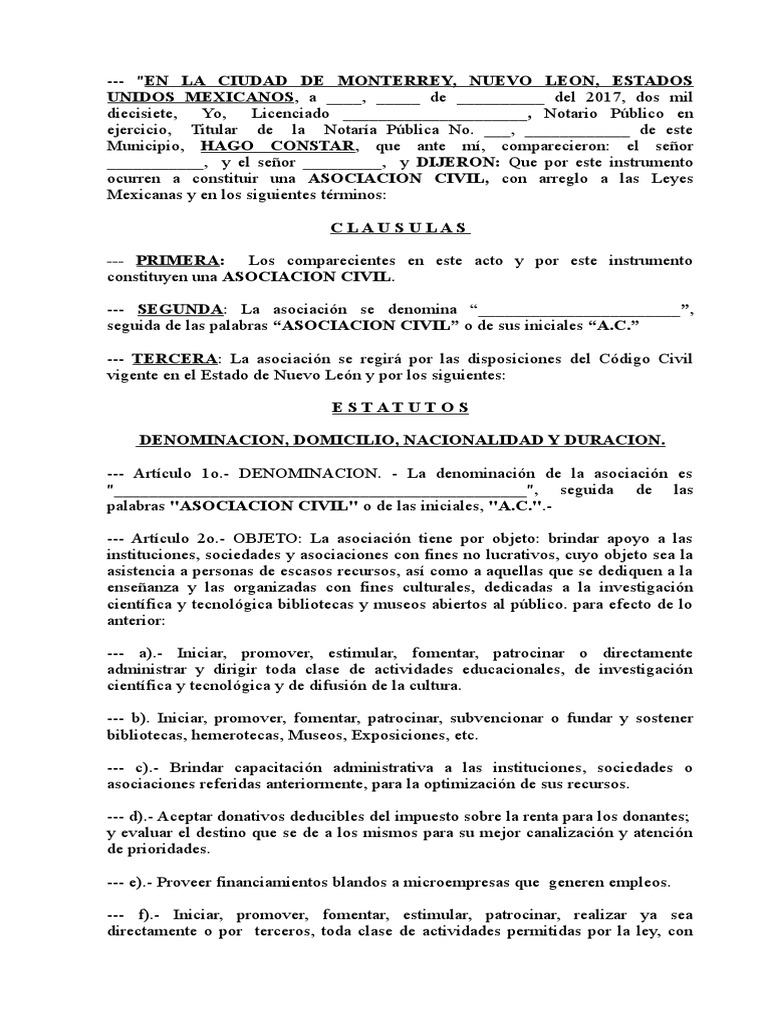 Formato Modelo de Escritura Constitutiva de Una Asociación Civil | Sociedad de responsabilidad ...