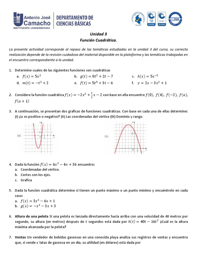 Taller Función Cuadrática. | PDF | Función (Matemáticas) | Bienestar