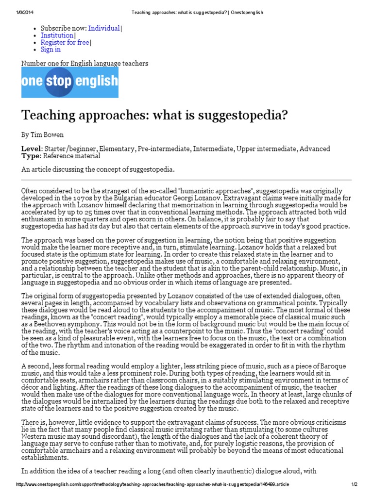 Teaching Approaches - What Is Suggestopedia - Onestopenglish | PDF ...