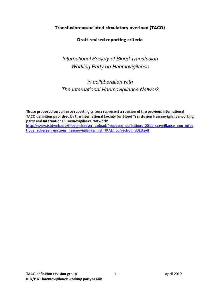 Transfusion-Associated Circulatory Overload (TACO) Draft Revised ...