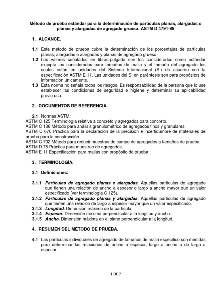 Método ASTM D 4791-99 para Agregados | PDF | Masa | Medición
