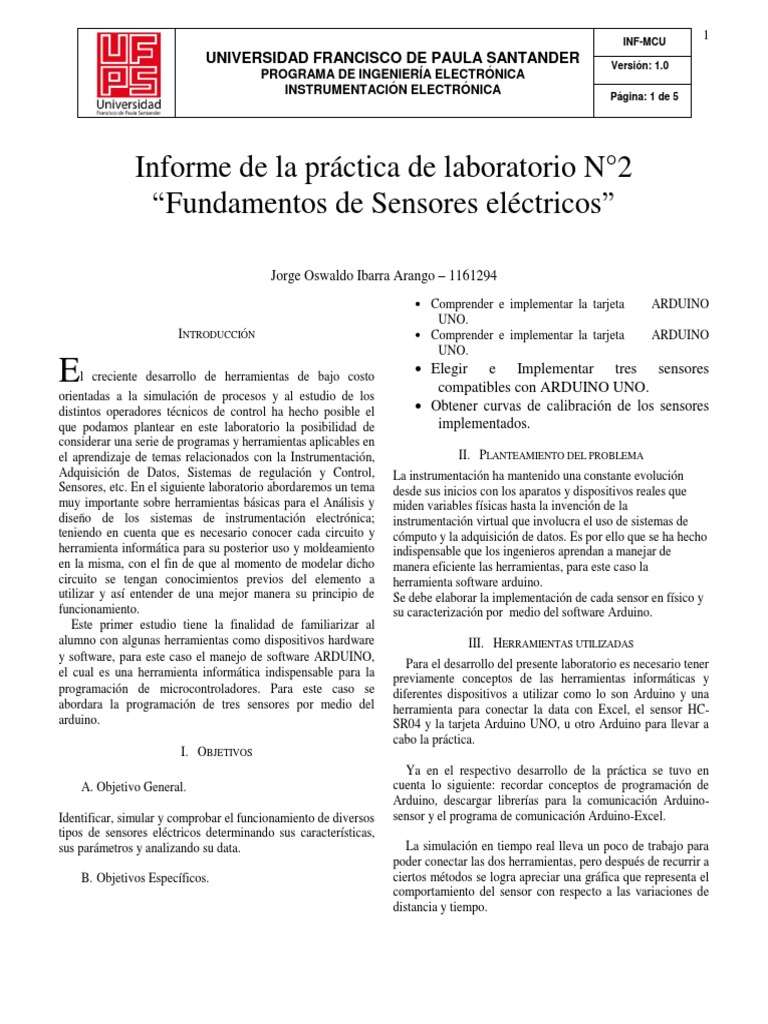 Informe Laboratorio Fundamentos de Sensores Eléctricos | PDF | Arduino | Software