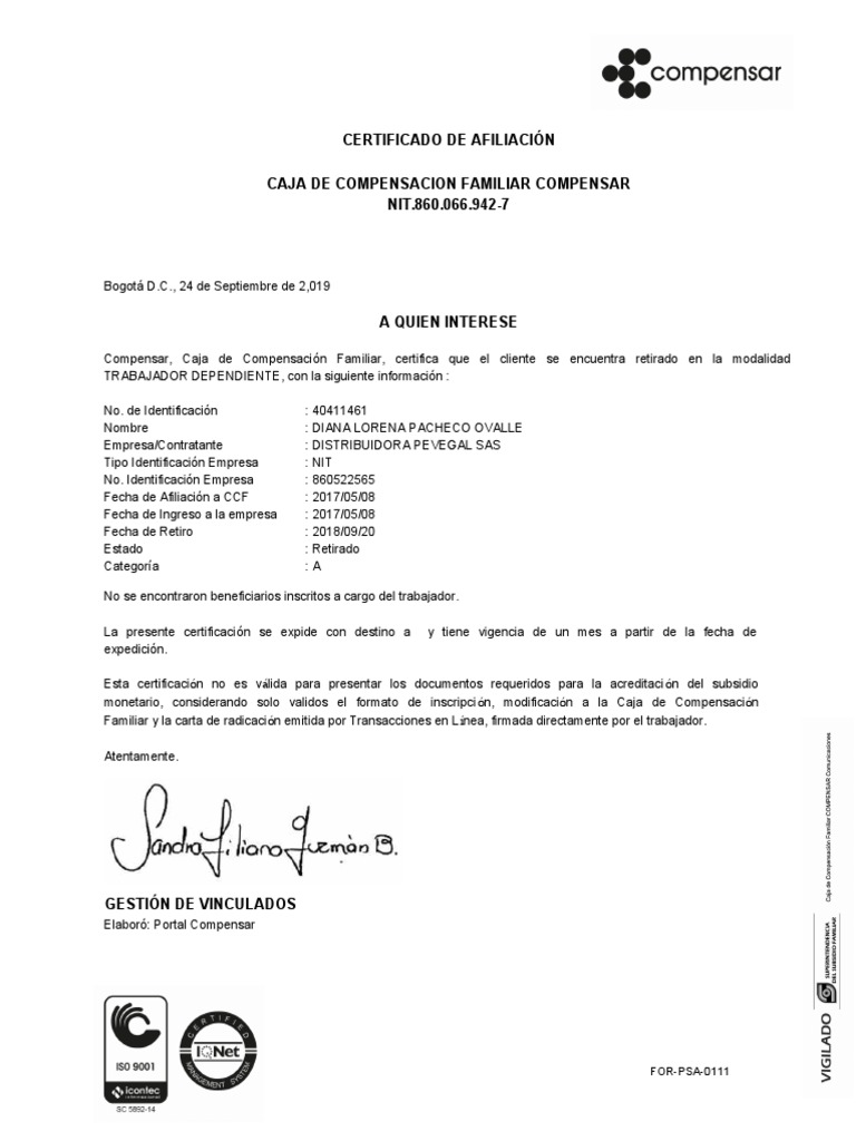 Certificado de Afiliación Caja de Compensacion Familiar Compensar NIT ...
