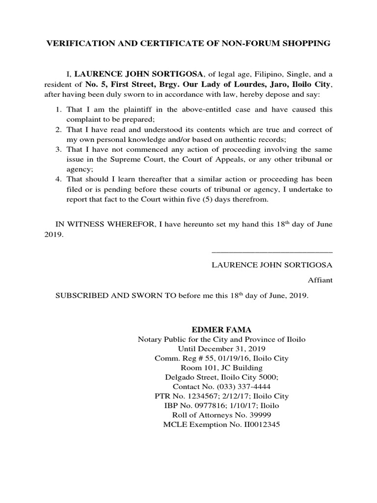 Verification and Certificate of Non Forum Shopping | PDF