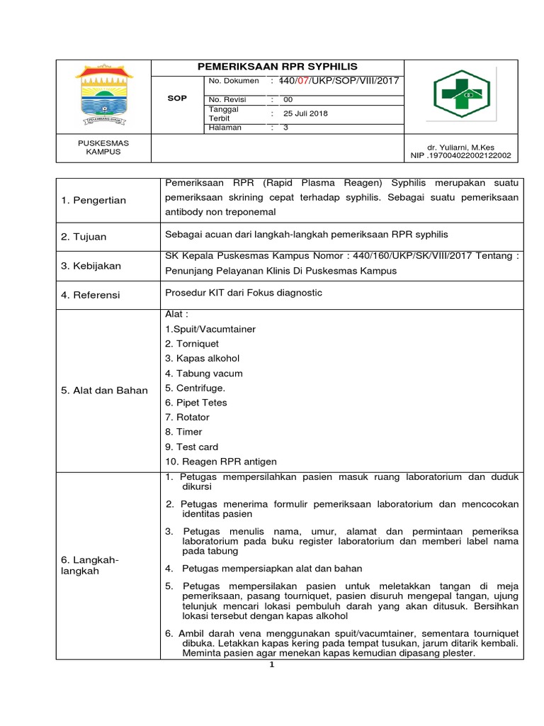 STANDAR OPERASIONAL PROSEDUR PEMERIKSAAN RPR SYPHILIS | PDF